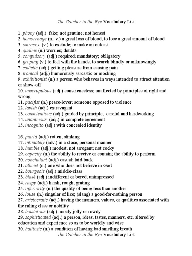 The Catcher in The Rye Vocabulary List | PDF