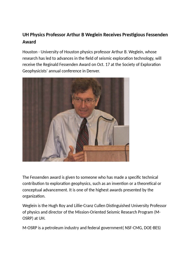 UH Professor Arthur Weglein Wins Fessenden Award | PDF | Art
