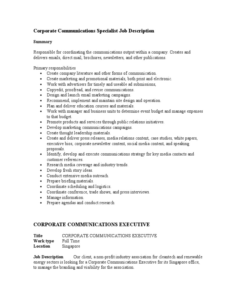Corporate Communications Specialist Job Description | PDF | Advertising ...