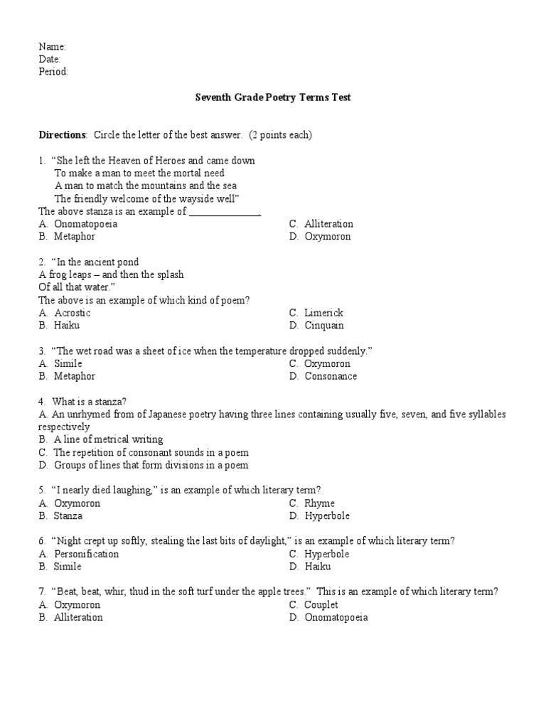 Seventh Grade Poetry Terms Test | PDF | Poetry | Poetics