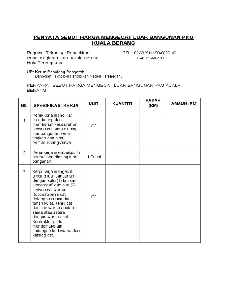 Sebut Harga Cat Bangunan Contoh | PDF | Teknologi & Rekayasa