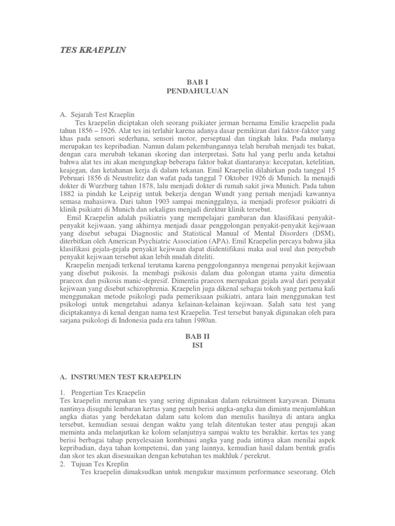 Sejarah dan Interpretasi Tes Kraepelin | PDF