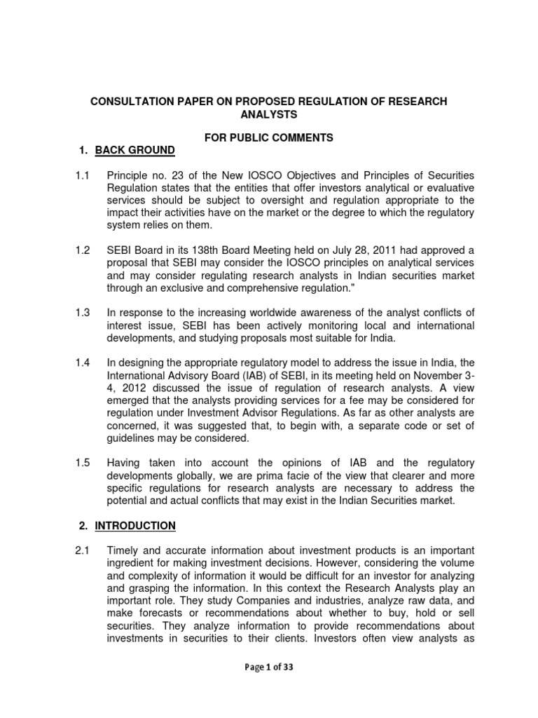 Regulation of Research Analyst Draft Guidlines Sebi | PDF | Financial ...