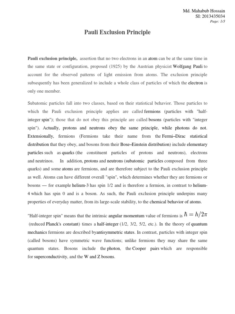 Understanding the Pauli Exclusion Principle | PDF | Boson | Spin (Physics)