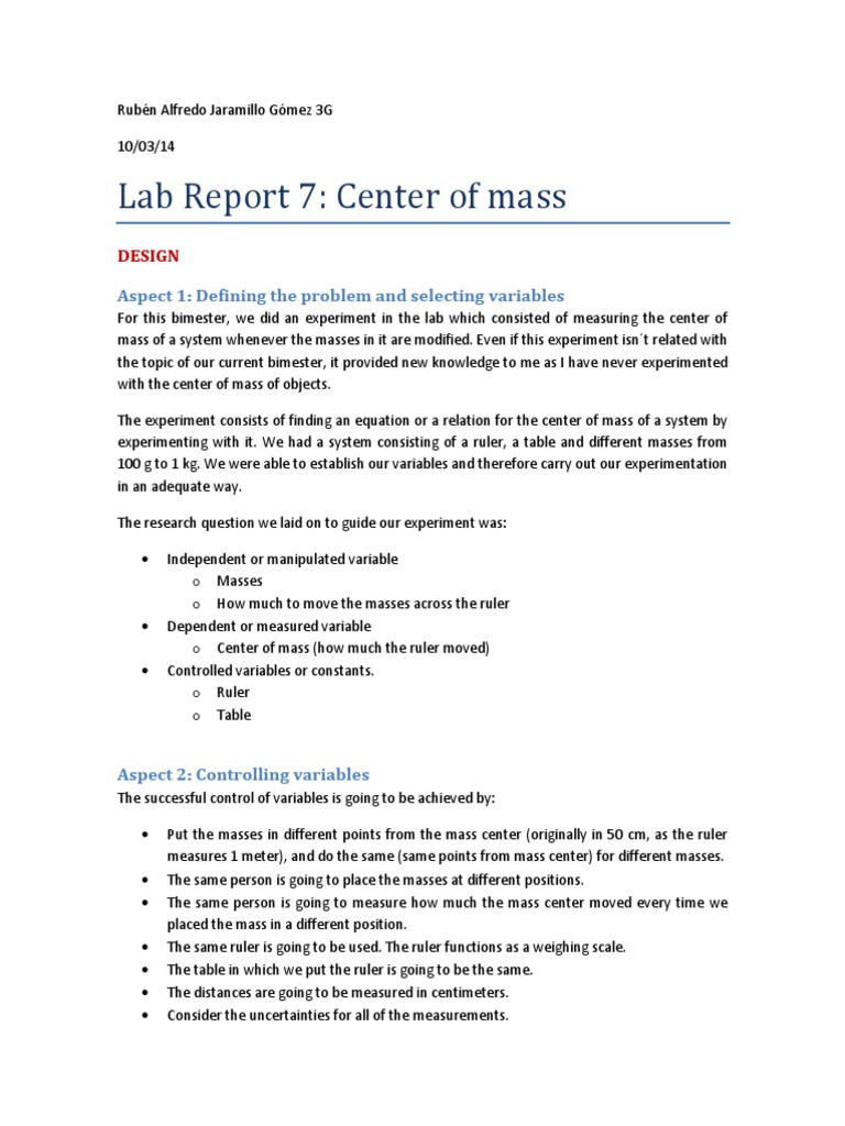 Center of Mass Lab Report | PDF | Mass | Variable (Mathematics)