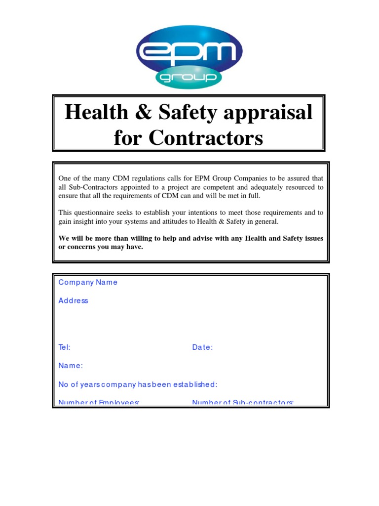 Subcontractor H&S Questionnaire | Occupational Safety And Health | Safety