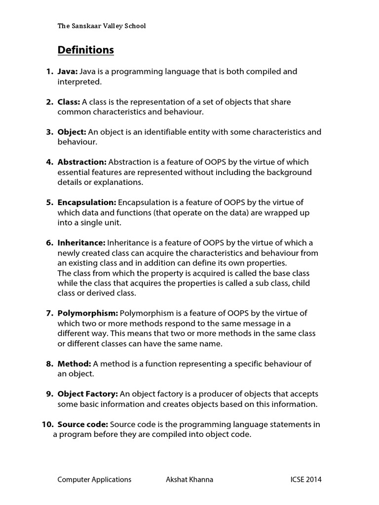 Definitions of Basics of Java | PDF | Parameter (Computer Programming) | Constructor (Object ...