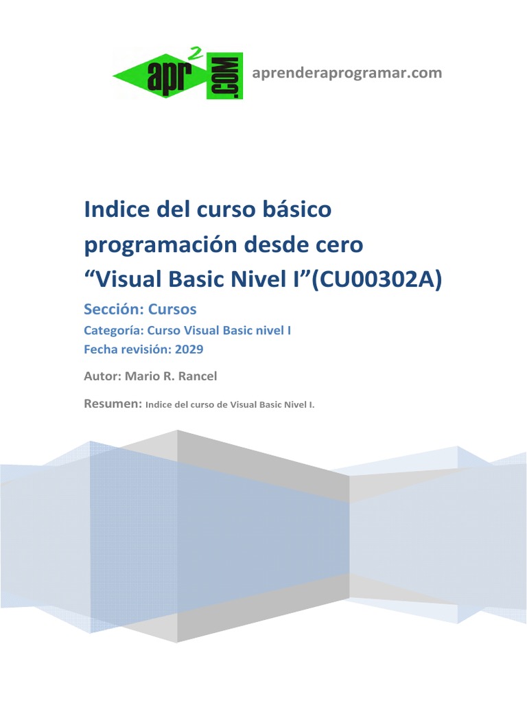 CU00302A Indice Curso Basico Programacion Visual Basic Desde Cero | Descargar gratis PDF ...