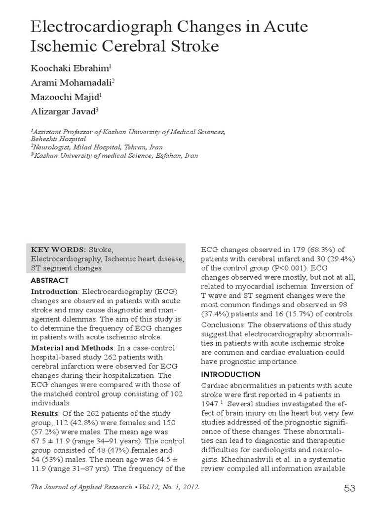 Electrocardiograph Changes in Acute Ischemic Cerebral Stroke | PDF | Electrocardiography | Stroke