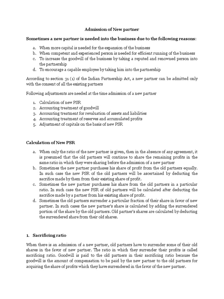 Admission of a New Partner in Partnership | PDF | Goodwill (Accounting ...