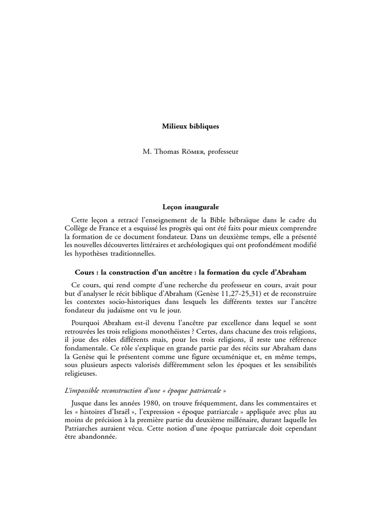 Thomas Romer, Lla Construction D'un Ancêtre. La Formation Du Cycle D ...