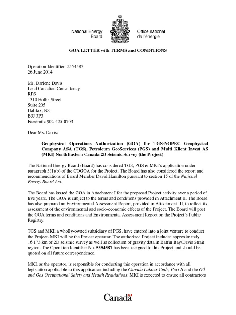 NEB Letter Authorizing Seismic Tests | PDF | Environmental Impact ...