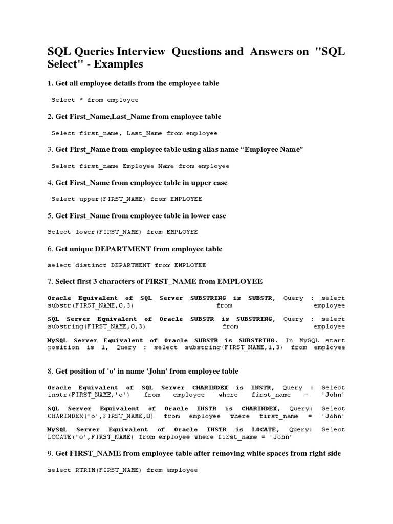SQL Queries Interview Questions and Answers On "SQL Select" - Examples ...