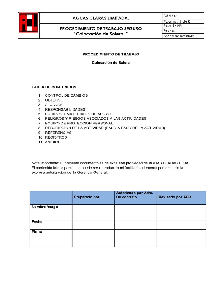 Procedimiento Seguro: Colocación Solera | PDF | Calidad (comercial) | Hormigón
