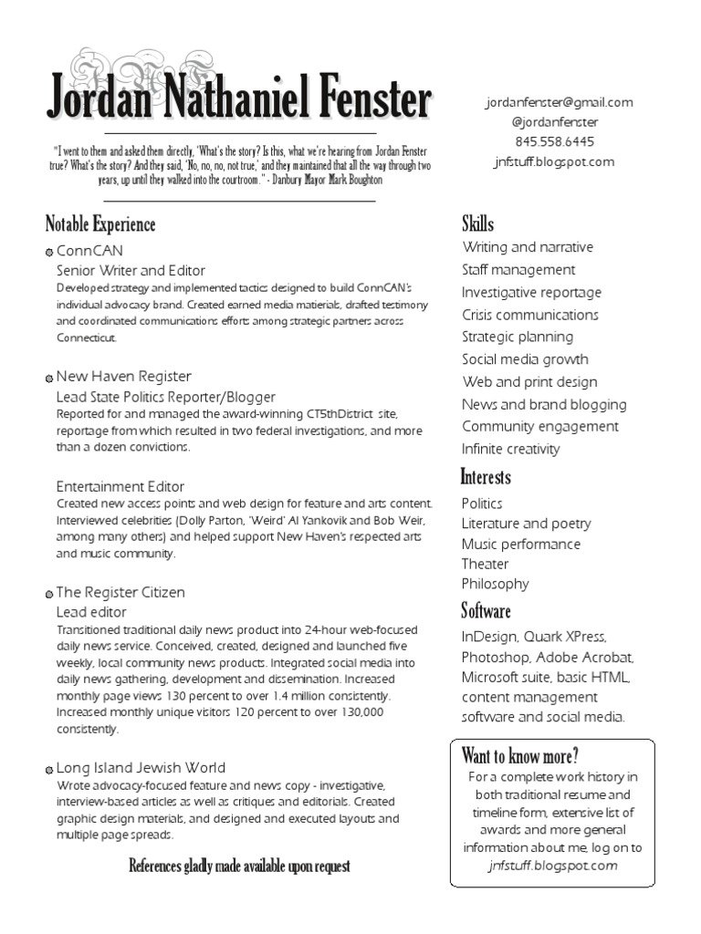 Jordan Fenster Resume | PDF | News | Newspapers