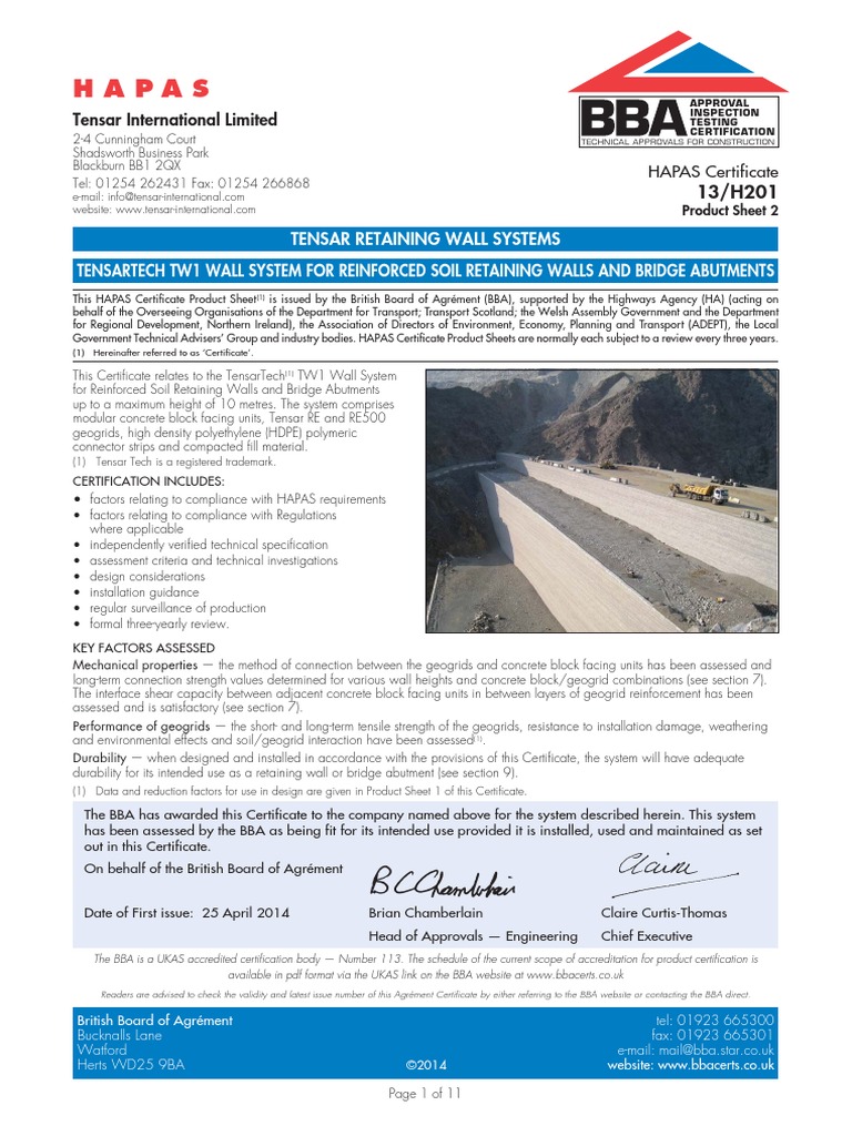 HAPAS Cert 13-H201 TensarTech TW1 Wall System For Reinforced Soil Retaining Walls and Bridge ...