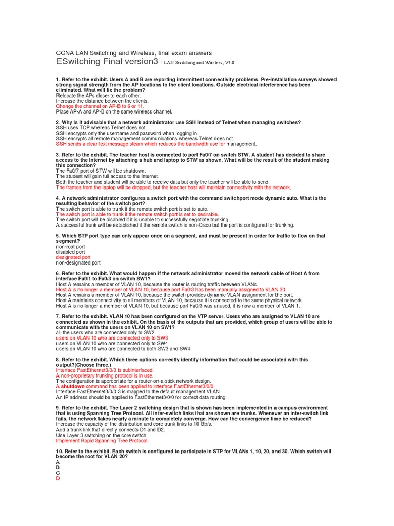 Eswitching Final Version3: Ccna Lan Switching and Wireless, Final Exam Answers | PDF | Network ...