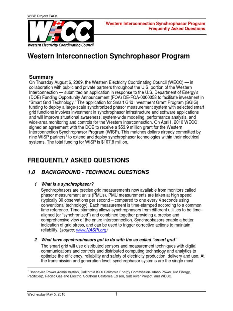 WISP Project FAQs 05-05-10 | Electrical Grid | Smart Grid