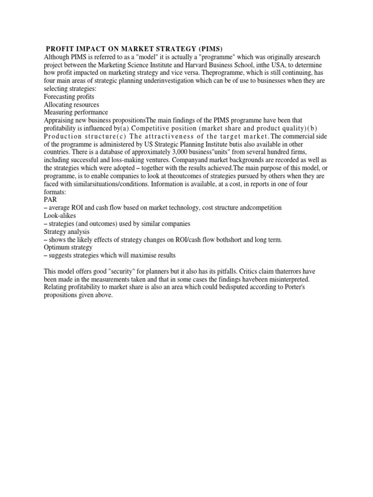 Analyzing the Profit Impact of Market Strategy (PIMS) Model: Using Strategic Insights from the ...