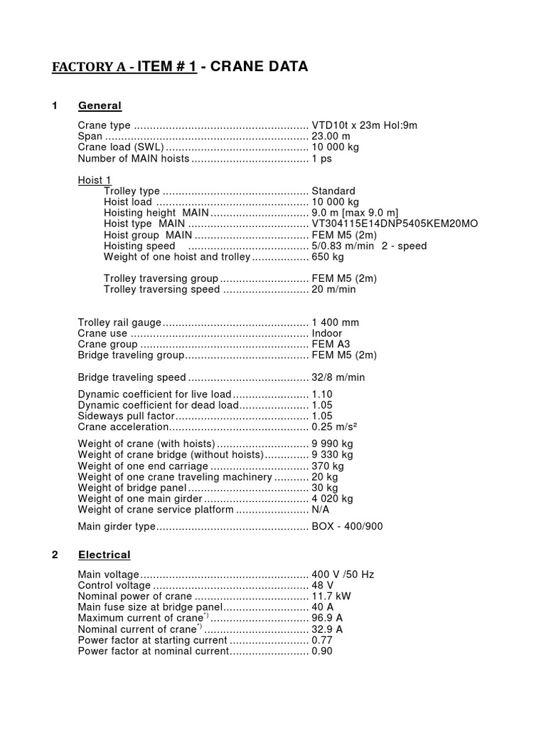 Factory A - Item # 1 - Crane Data: 1 General | Download Free PDF ...