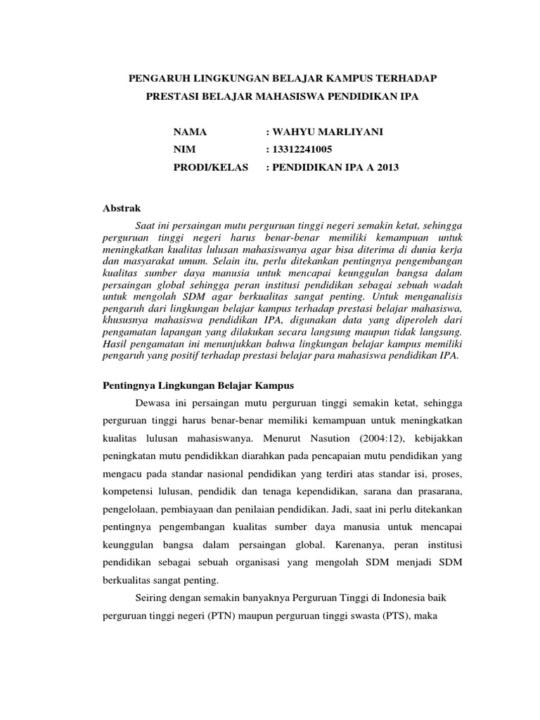 Essay - Pengaruh Lingkungan Belajar Kampus Terhadap Prestasi Belajar ...