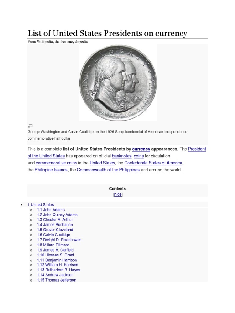 List of United States Presidents On Currency: From Wikipedia, The Free ...