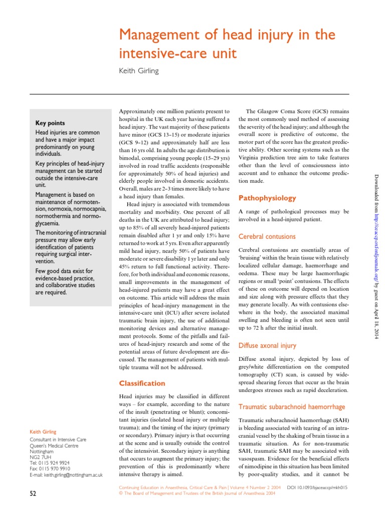 Management Head Injury in ICU | PDF | Traumatic Brain Injury ...