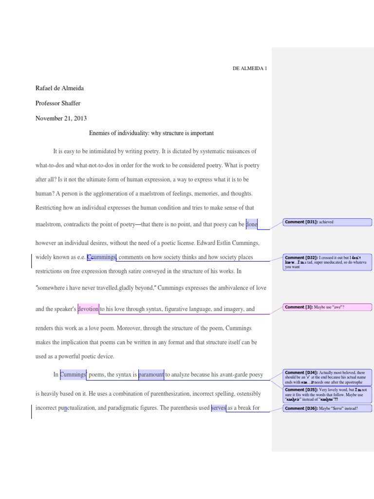 Analysis of E.E. Cummings Poem | PDF | Poetry | Language Mechanics