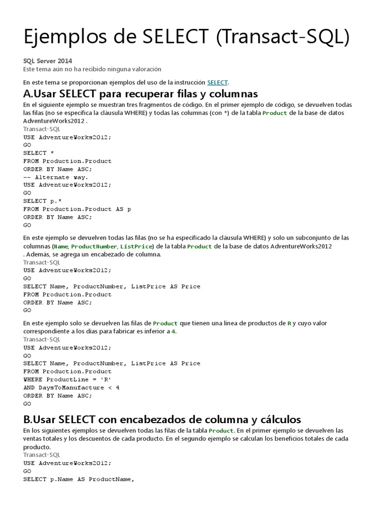 Ejemplos de SELECT | PDF | Servidor SQL de Microsoft | Tabla (base de ...