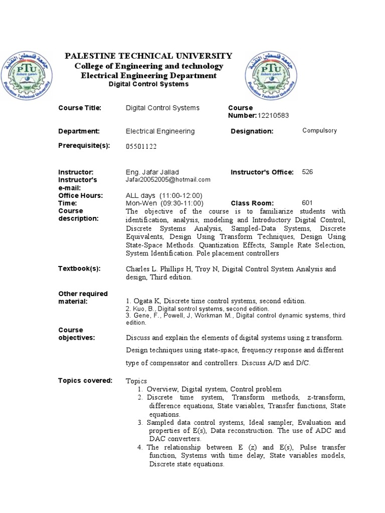 ABET PTU Syllabus Digital Control (JAFAR JALLAD) | PDF | Signal ...