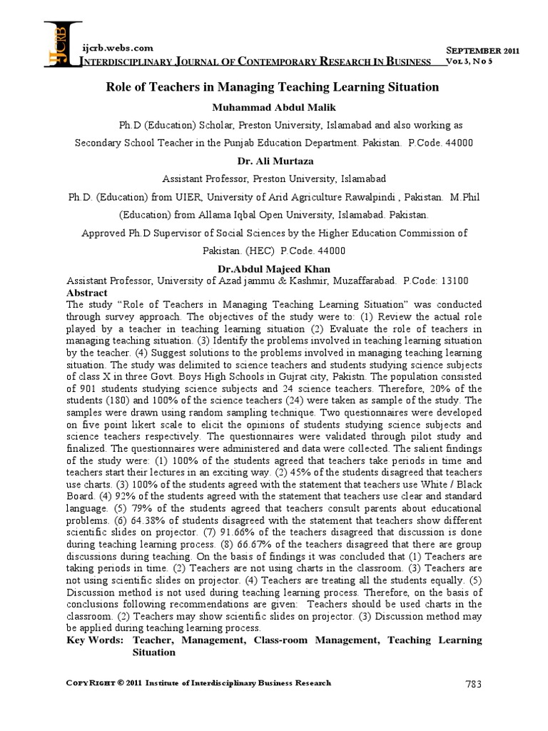 Role of Teachers in Managing Teaching Learning Situation | PDF ...