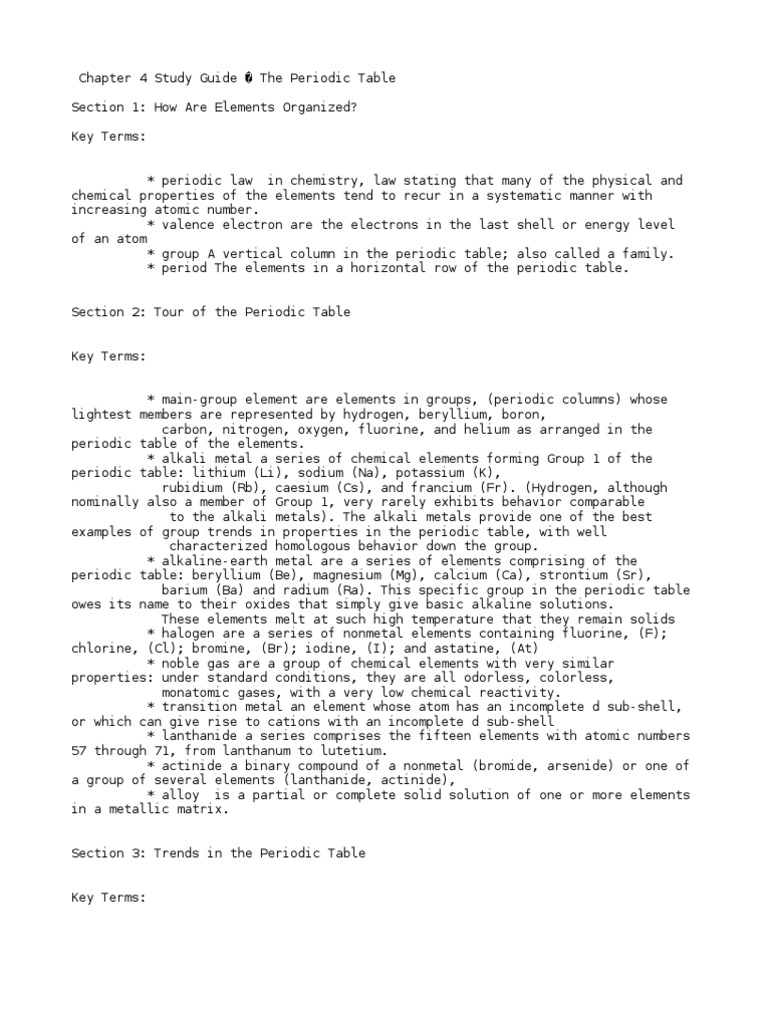 Chapter 4 Study Guide The Periodic Table Section 1 | PDF | Periodic ...