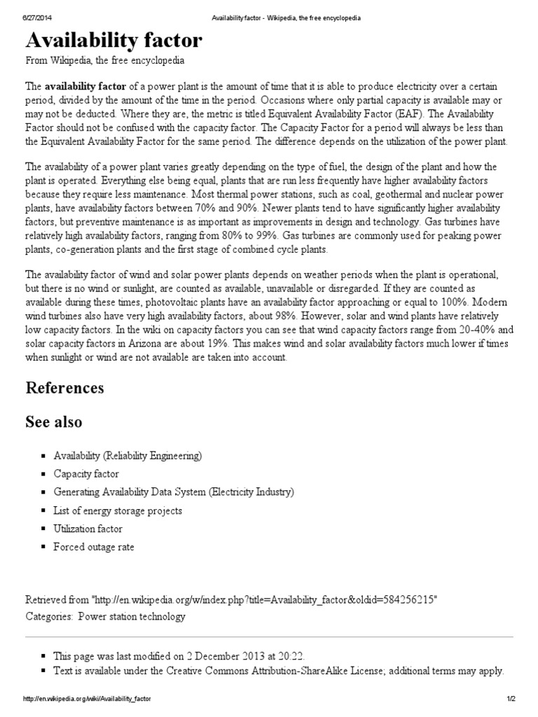 Availability Factor - Wikipedia, The Free Encyclopedia | PDF | Power ...