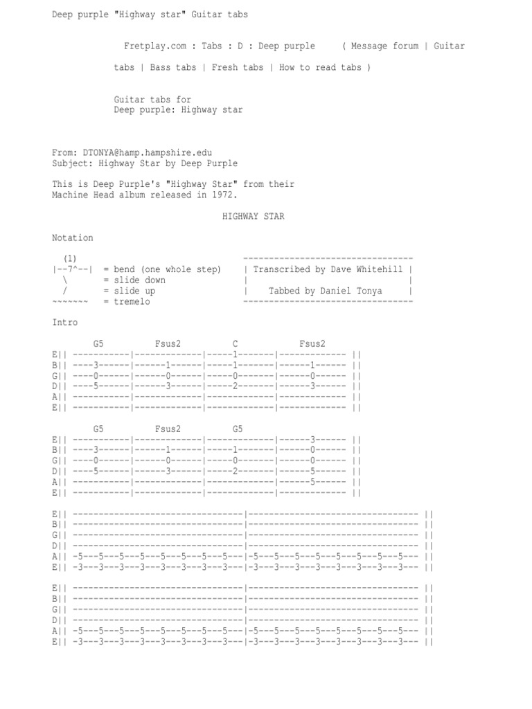 Deep Purple Highway Star Guitar Tabs | PDF | Sheet Music | Leisure