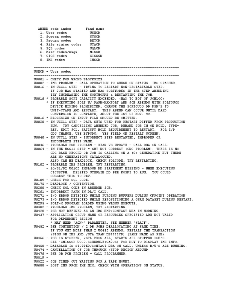 Mainframe Abends | PDF | Database Index | Subroutine