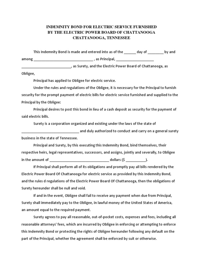 Electric Power Board of Chattanooga Utility Bond Form | Download Free ...