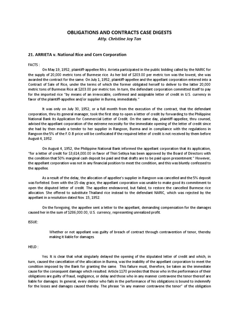 Obligations and Contracts Case Digests by Renee Bacay | PDF | Letter Of Credit | Legal Tender