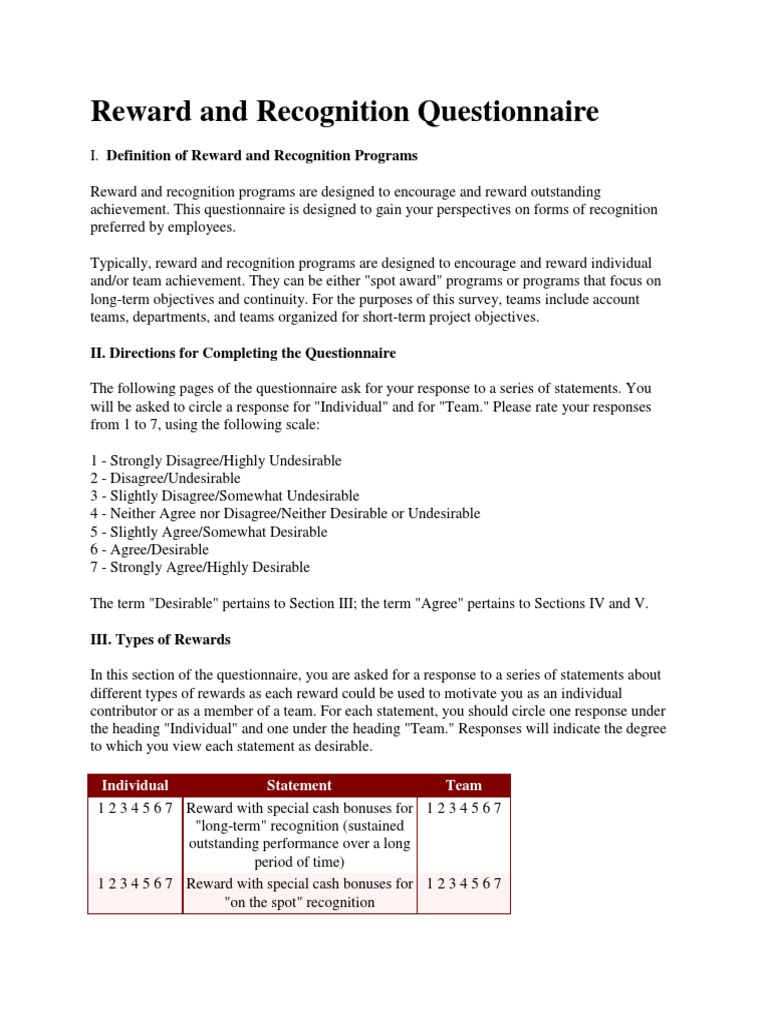 Reward and Recognition Questionnaire | PDF | Questionnaire ...