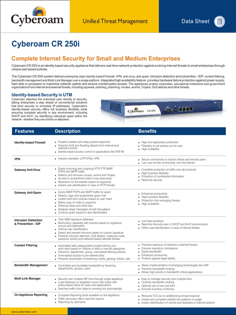 Cyberoam CR 250i: Unified Threat Management | PDF | Firewall (Computing) | Antivirus Software