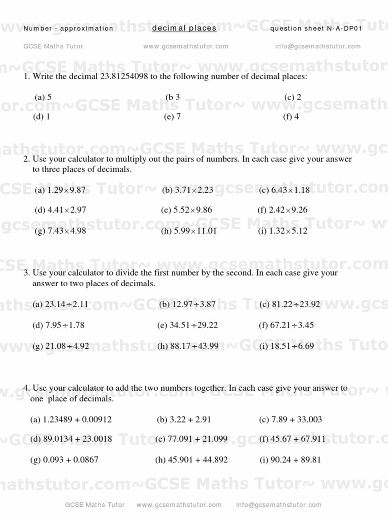 Decimal Places Worksheet #01, Approximation, Number From GCSE Maths ...