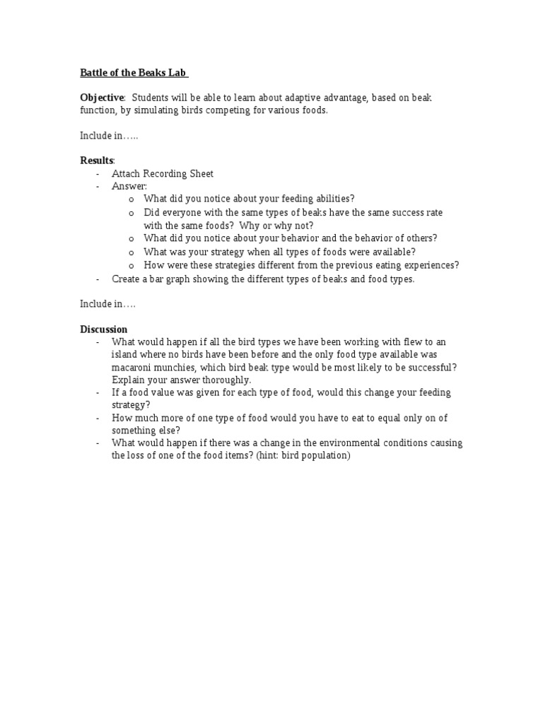 Battle of The Beaks Student Lab Sheet | PDF