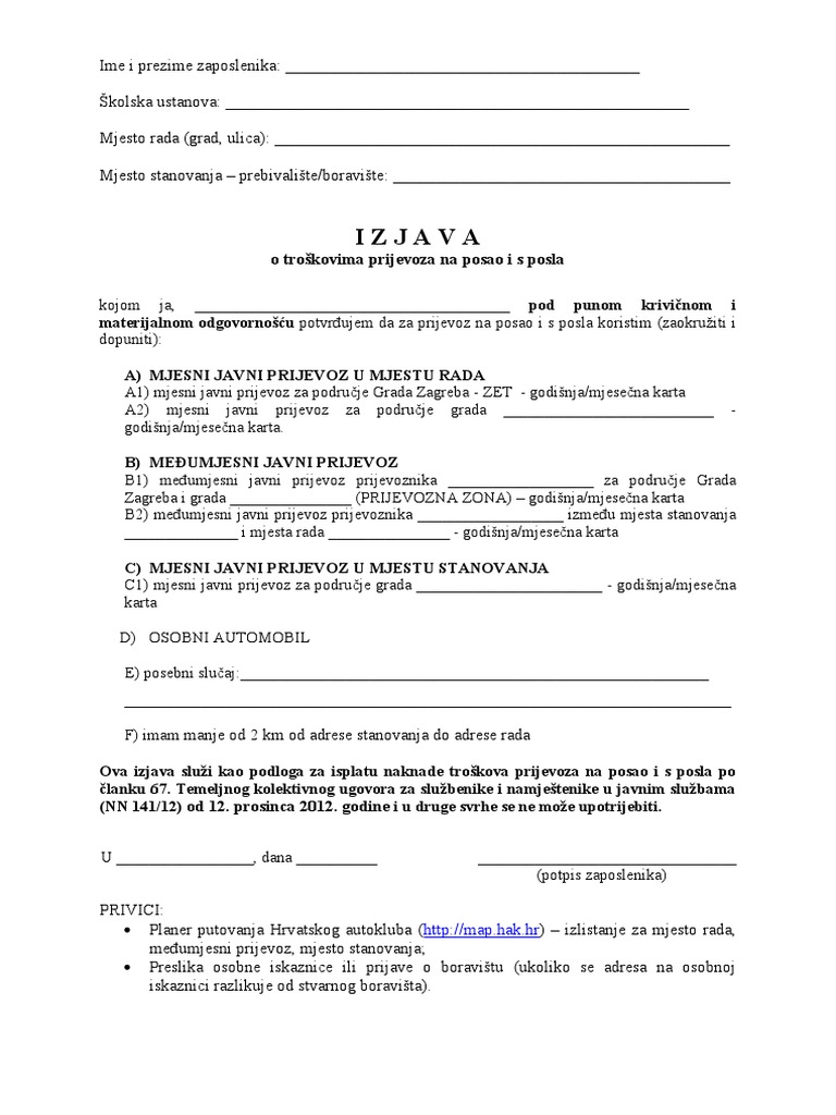 Izjava o Troskovima Prijevoza Na Posao I S Posla | PDF