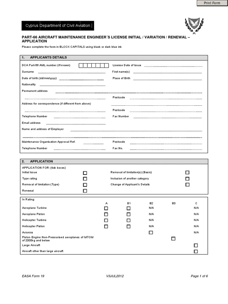 EASA Form 19-Part 66 Aircraft Maintenance Engineers License Initial ...