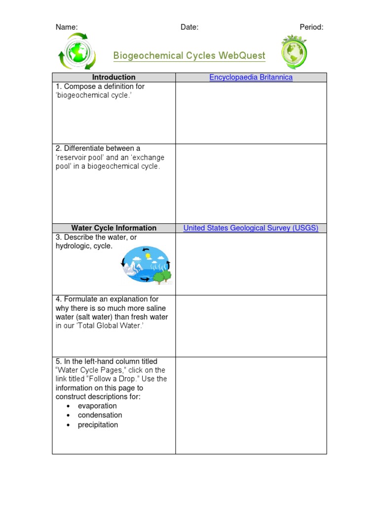 Webquest Biogeochemicalcycles | PDF | Water Cycle | Carbon Cycle
