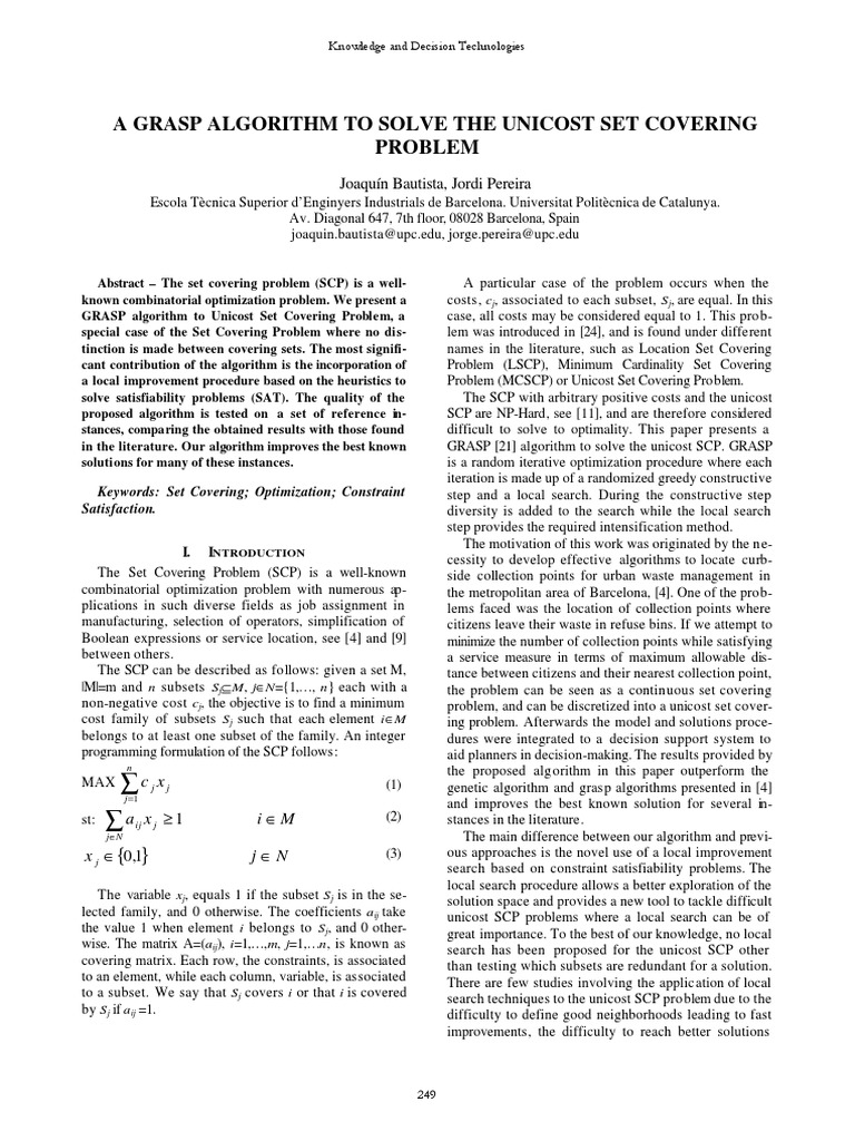 An Efficient GRASP Algorithm Incorporating Local Search Heuristics to Solve the Unicost Set ...