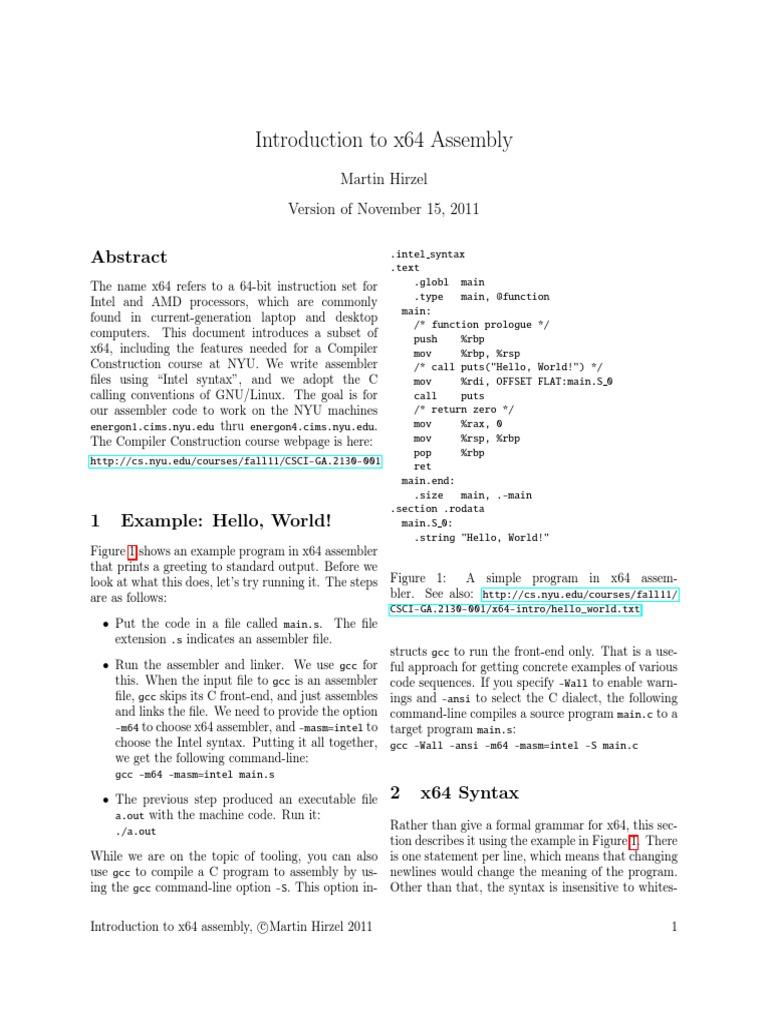 Introduction To x64 Assembly: Martin Hirzel Version of November 15 ...
