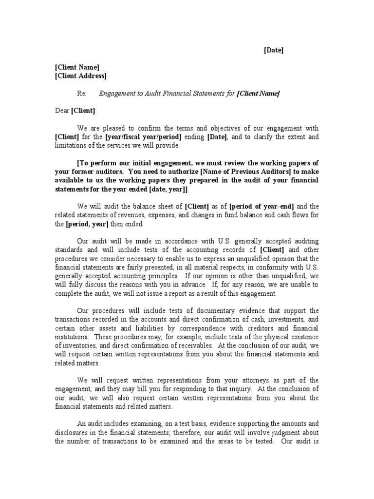 Engagement Letter for the Audit of [Client Name]'s Financial Statements ...
