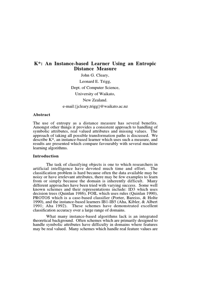 K : An Instance-Based Learner Using An Entropic Distance Measure | PDF | Statistical ...