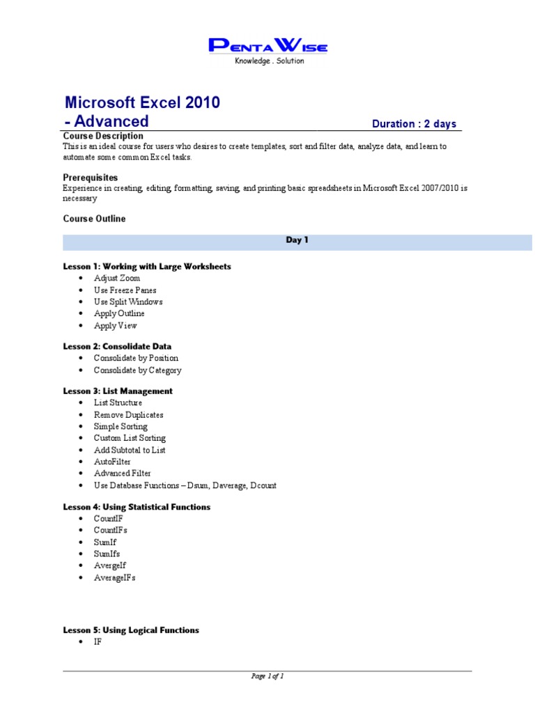 Microsoft Excel 2010 Advanced | PDF