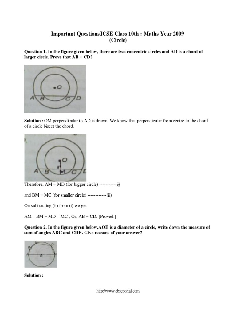 ICSE Class 10 Maths Circle Questions | PDF | Circle | Perpendicular
